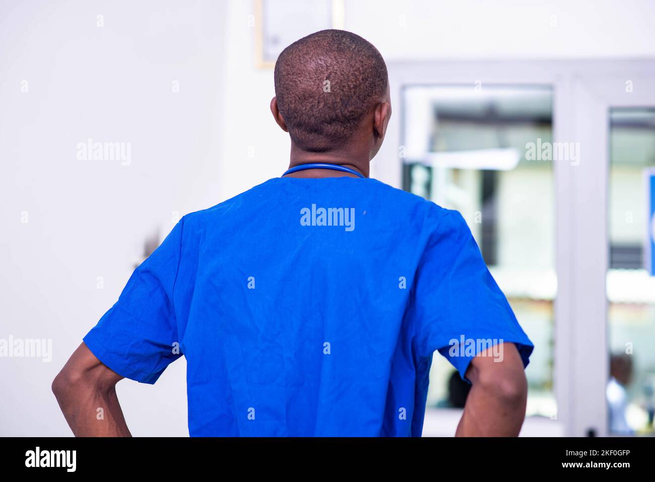 rear view of young male doctor wearing blue uniform at hospital Stock ...