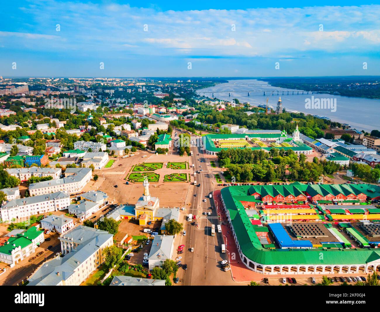 Susaninskaya square and Volga river aerial panoramic view in Kostroma ...