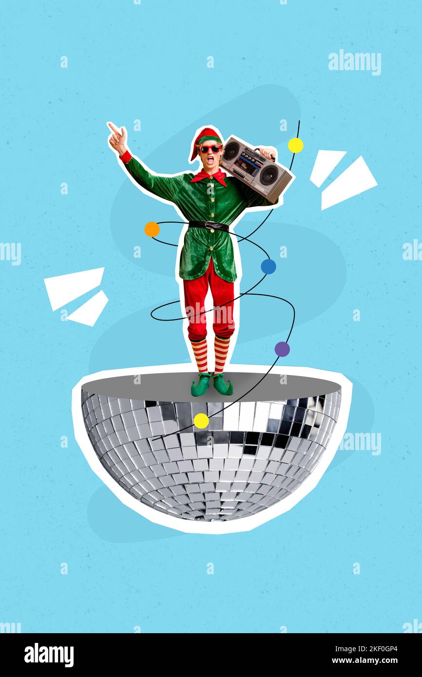 Photo collage artwork minimal picture of funny funky elf enjoying x-mas ...