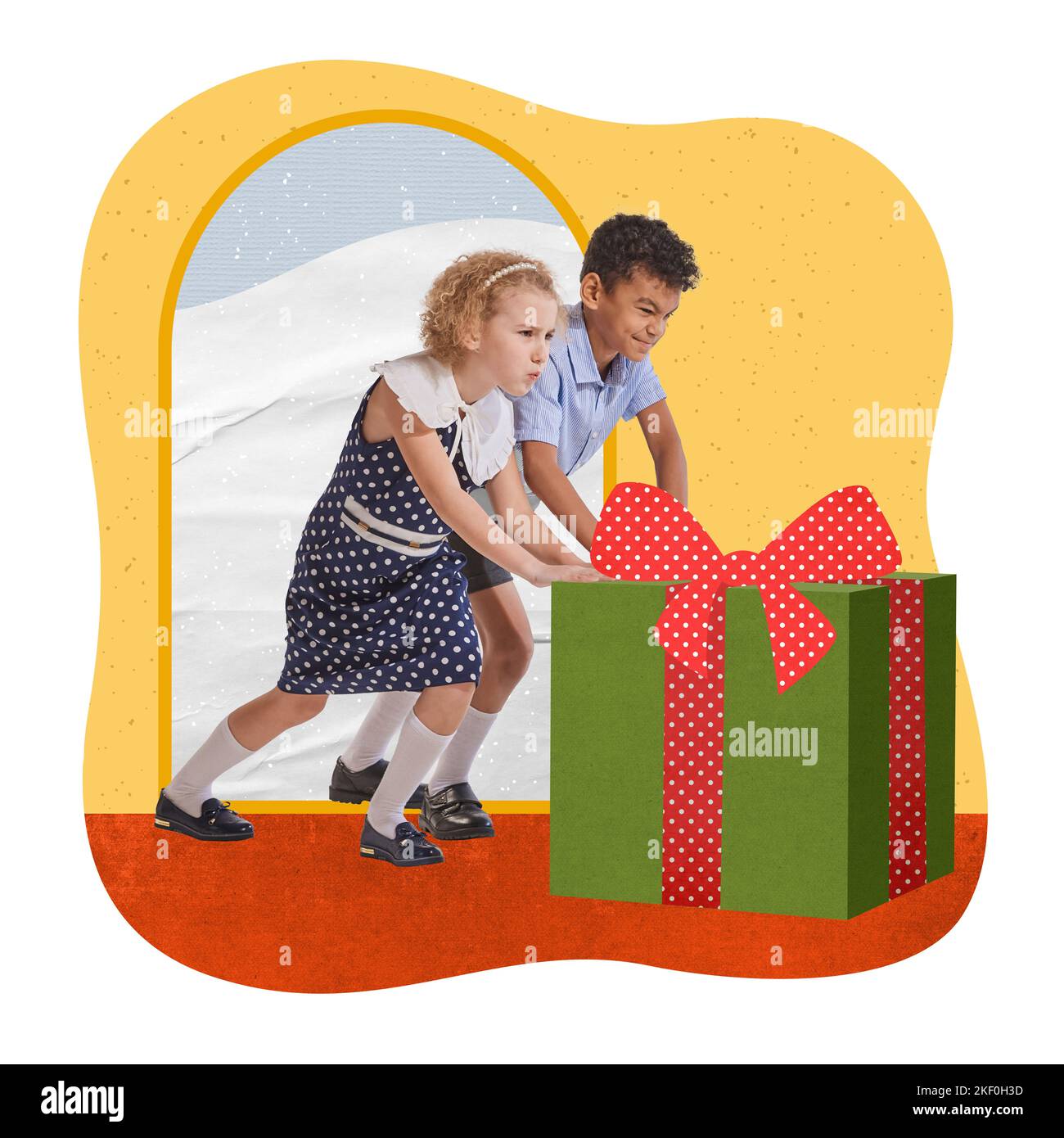 Contemporary art collage. Creative design with children, boy and girl ...