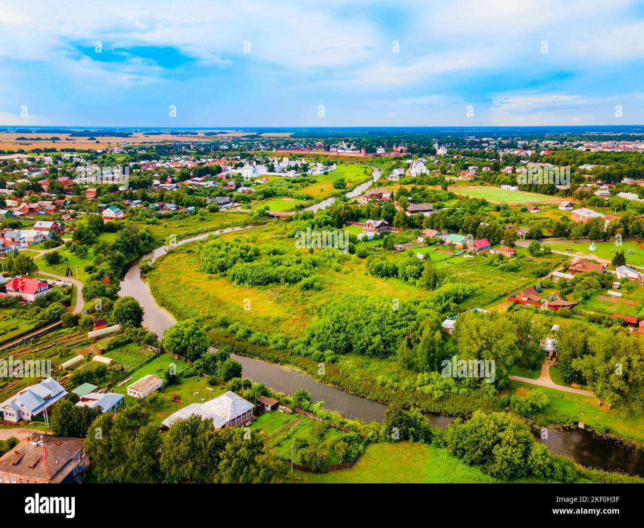 Suzdal city and Kamenka river aerial panoramic view, the oldest part of ...