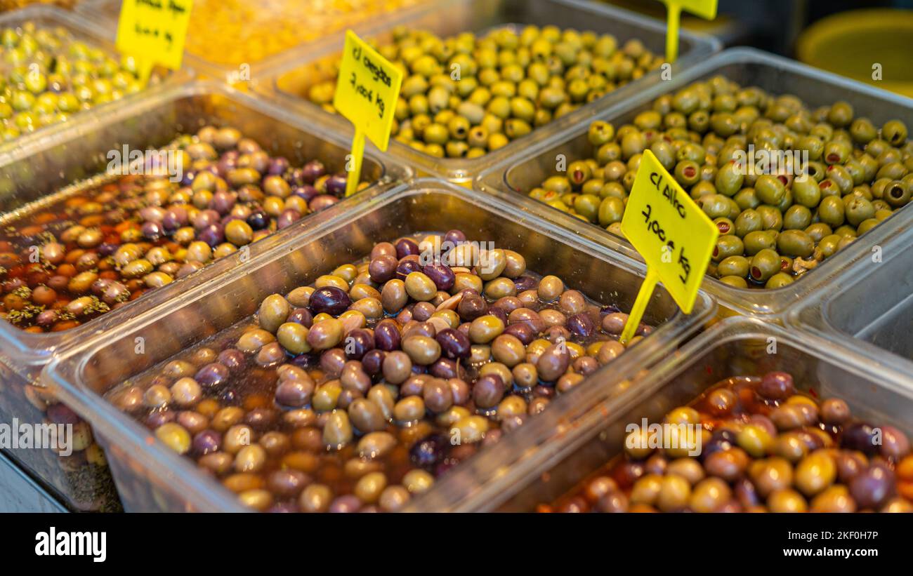 Assortment of olives on market in Europe Stock Photo - Alamy