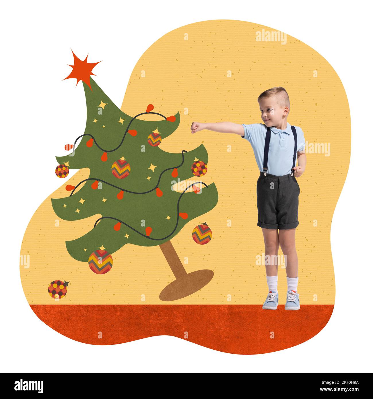 Contemporary art collage. Creative design. Little boy, child pushing ...