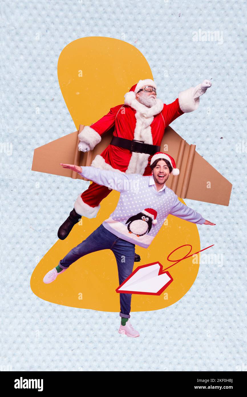 Collage photo of excited people jumping flying air man wear ugly ...