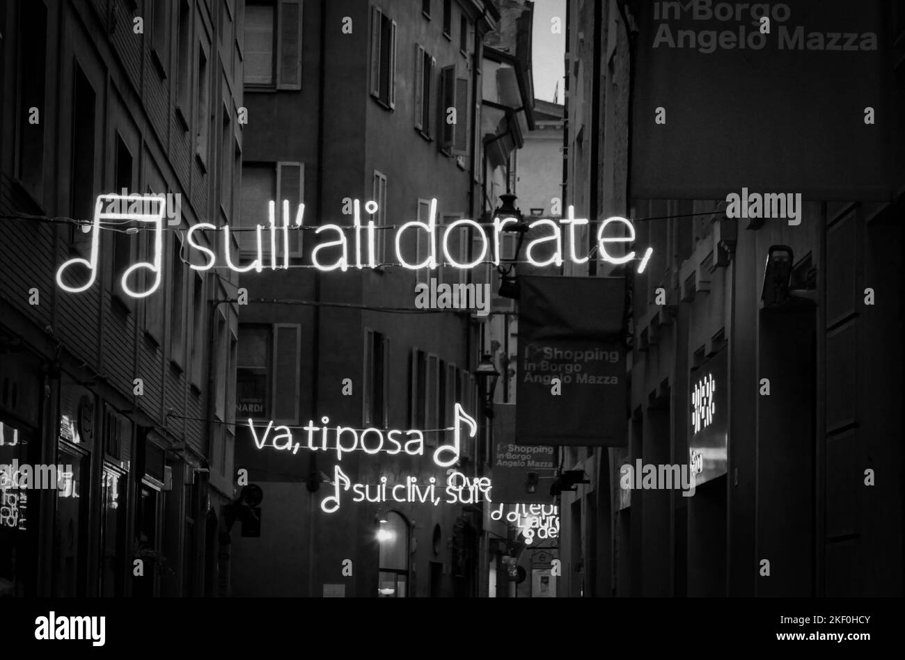 A street in Parma at night with neon signs hanging above, in black and ...