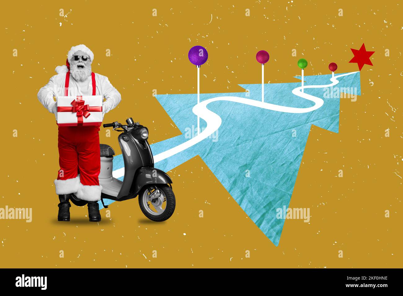 Artwork magazine collage picture of excited funky santa delivering ...