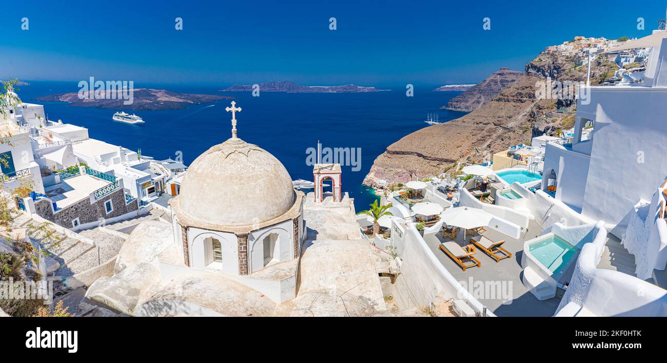 Amazing sunny day view of Fira, caldera, volcano of Santorini, Greece ...