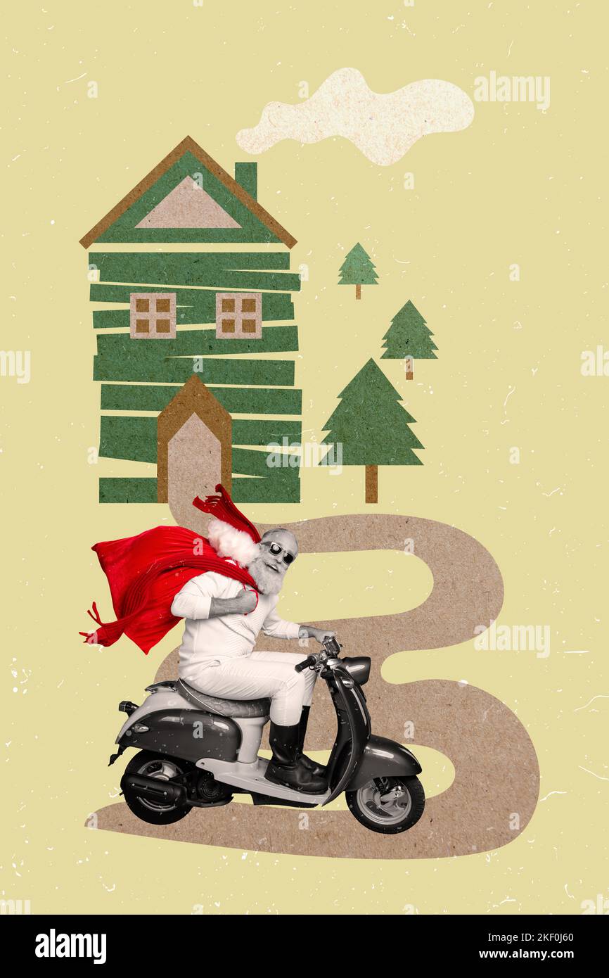 Photo collage artwork minimal picture of smiling funky motorcyclist ...