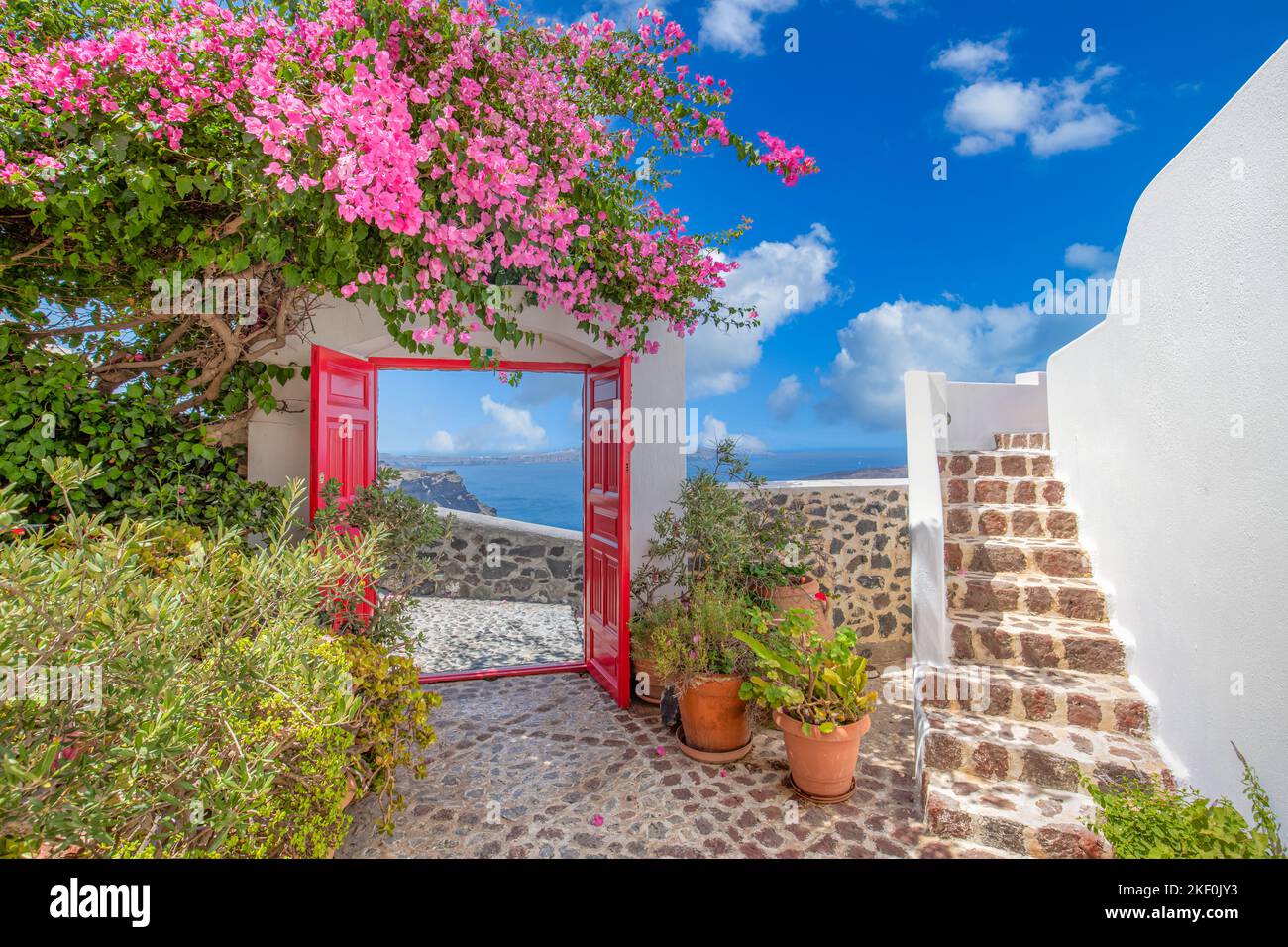 Fantastic travel background, Santorini urban landscape. Red door or ...