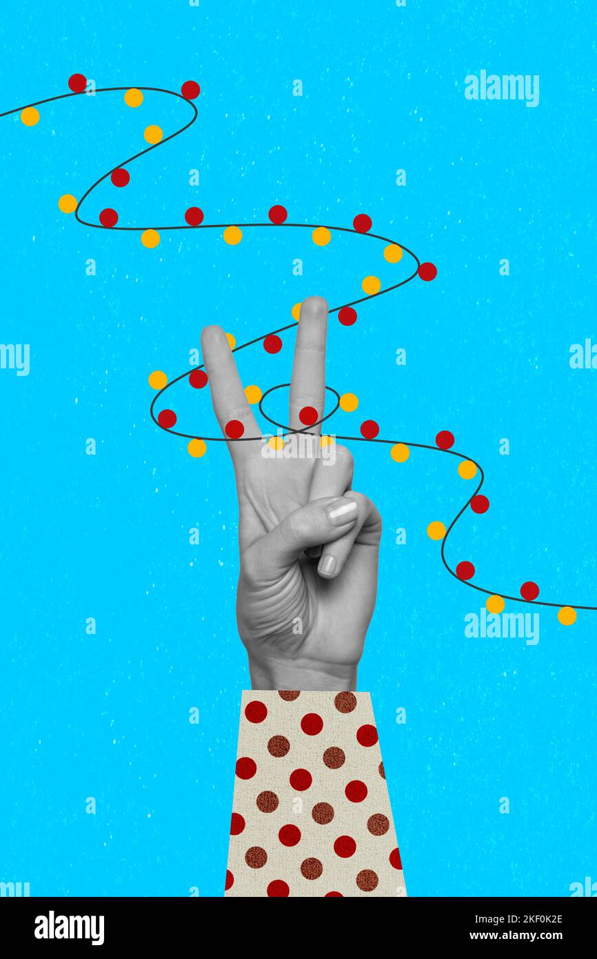 Vertical collage image of black white effect arm fingers demonstrate v ...