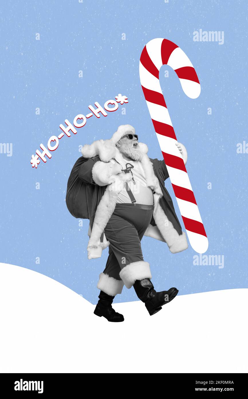 Vertical collage picture of funky aged santa black white effect walk ...