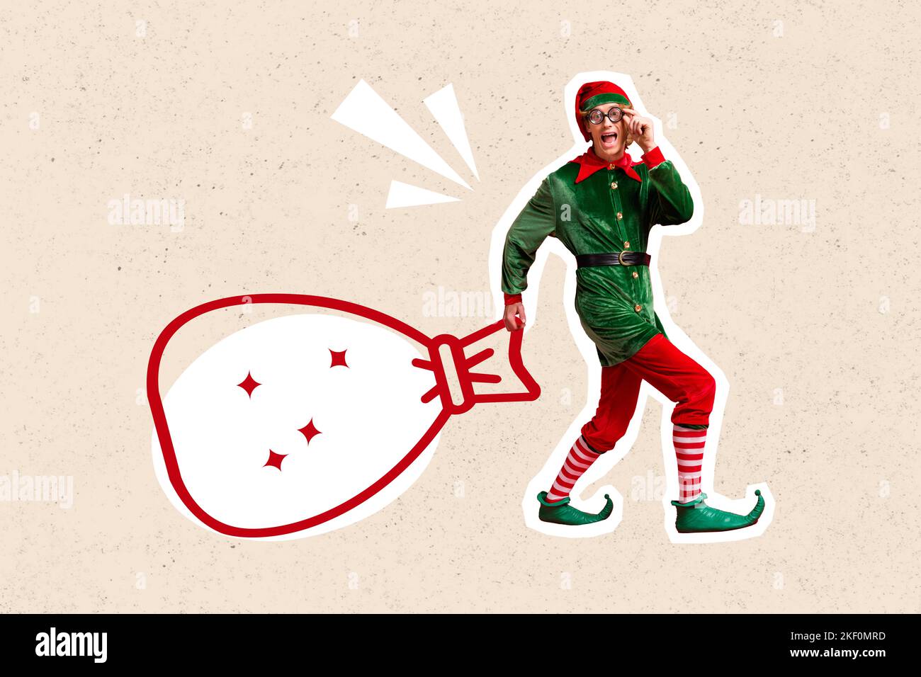Creative collage of funky elf guy hand touch glasses carry painted ...