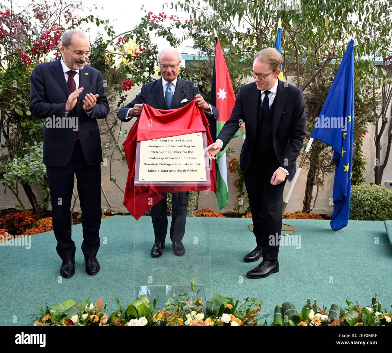 Jordanian Foreign Minister Ayman Safadi, H.M. King Carl XVI Gustaf and ...