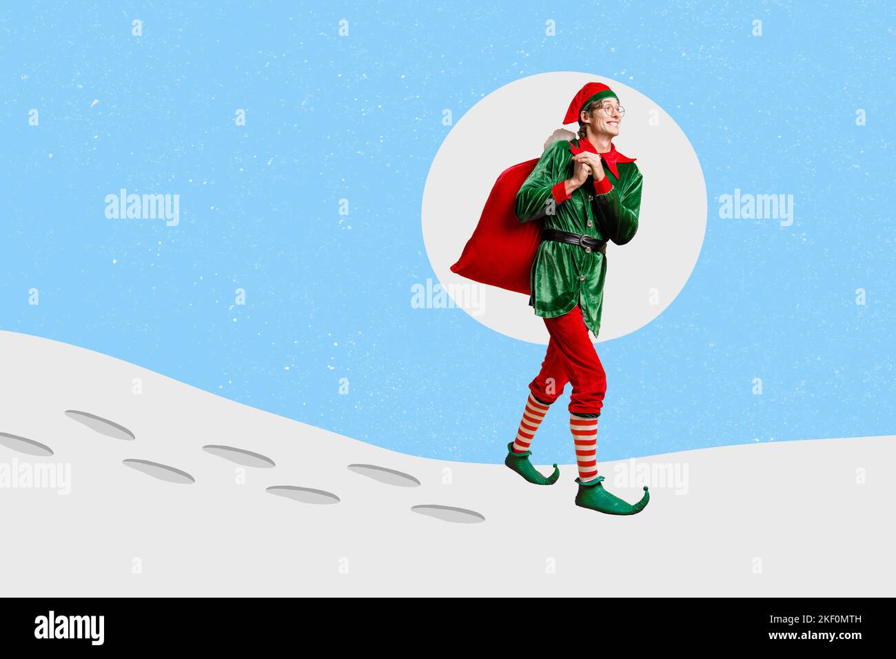 Creative collage picture of funky elf guy carry hold presents sack ...