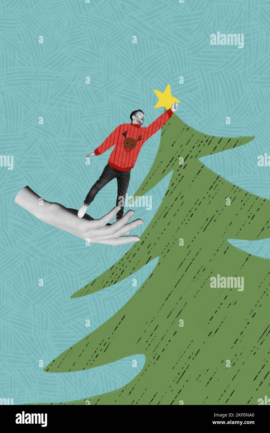 Vertical collage image of big black white effect arm palm hold little ...