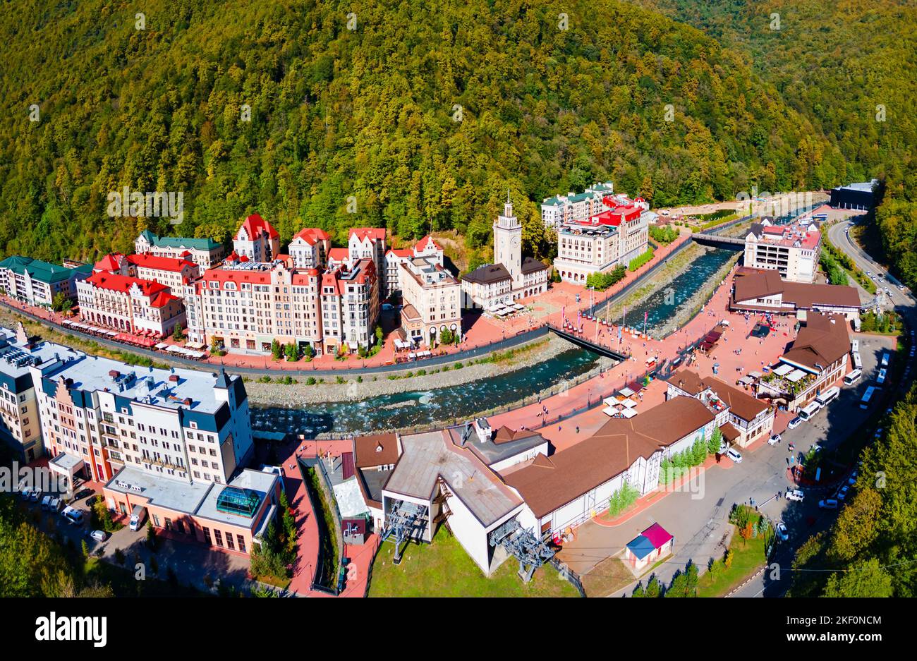 Rosa Khutor village aerial panoramic view. Rosa Khutor is an alpine ski ...