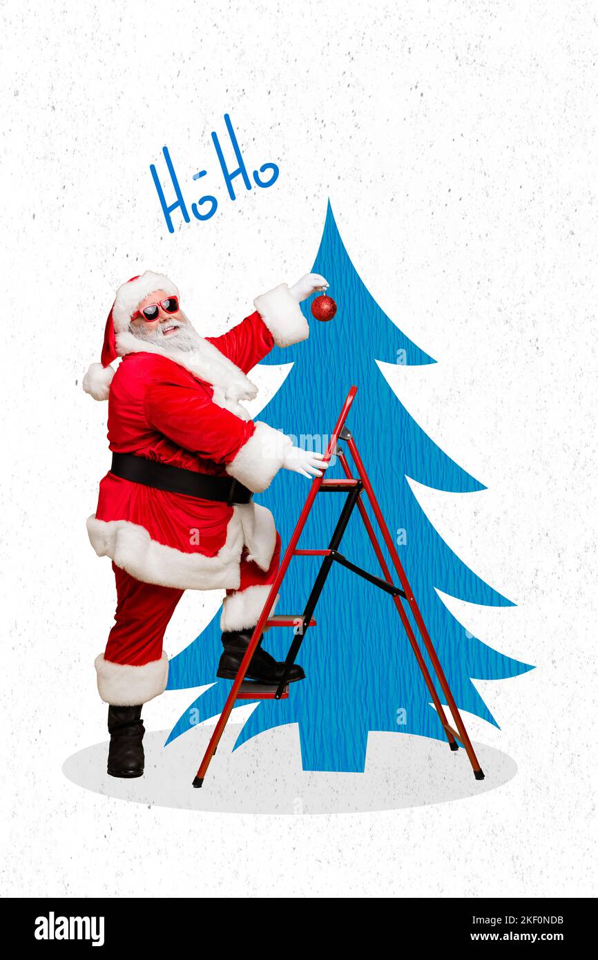 Vertical collage image of funky grandfather santa climb ladder hold ...