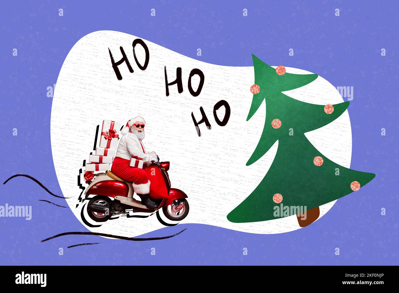 Creative photo collage illustration of funny positive excited optimistic santa driving scooter ...