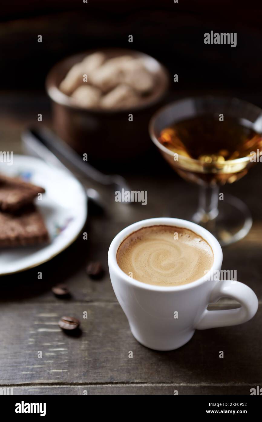 Cup of coffee on rustic wooden background. Soft focus. Close up Stock ...