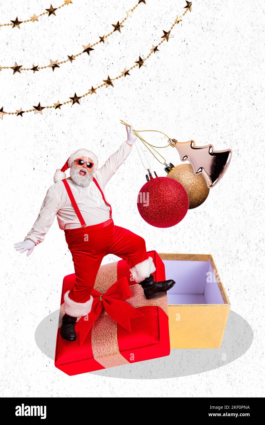 Vertical collage picture of mini grandfather santa stand opened box arm ...