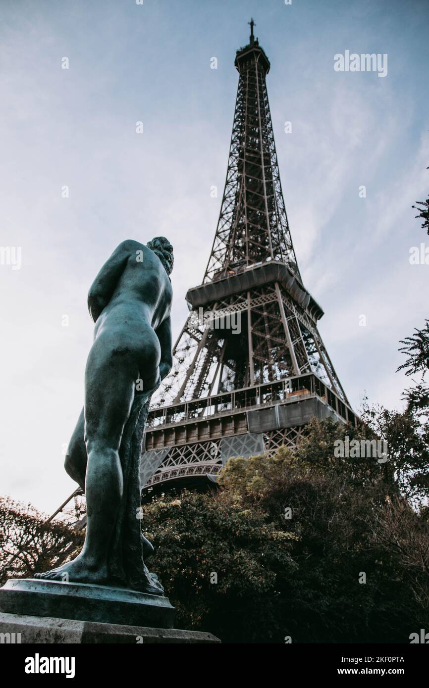 A vertical shot of the Eiffel Tower surrounded by greenery in the ...