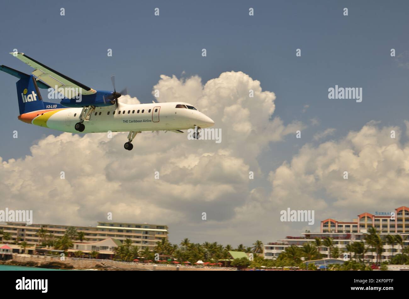 Airplane landing Big Maho Beach saint Martin Caribic Dutch antilles ...