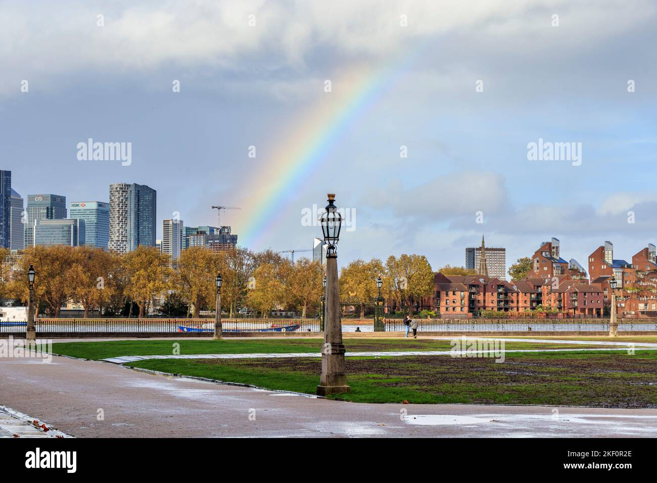 A rainbow appears following heavy rain at the Old Royal Naval College ...
