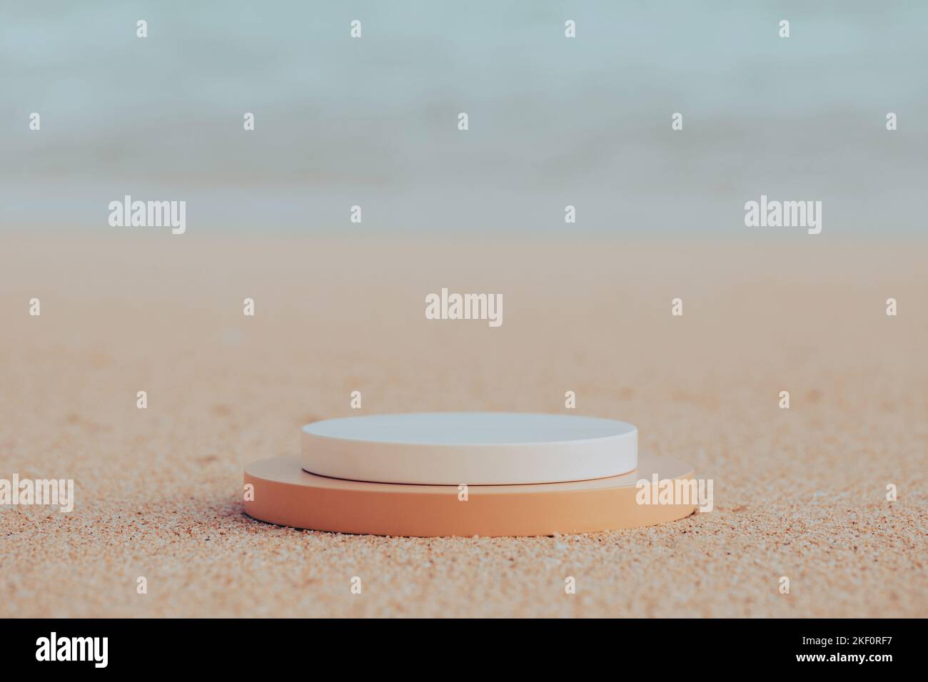 Empty round beige platform podium on the beach sand Stock Photo - Alamy