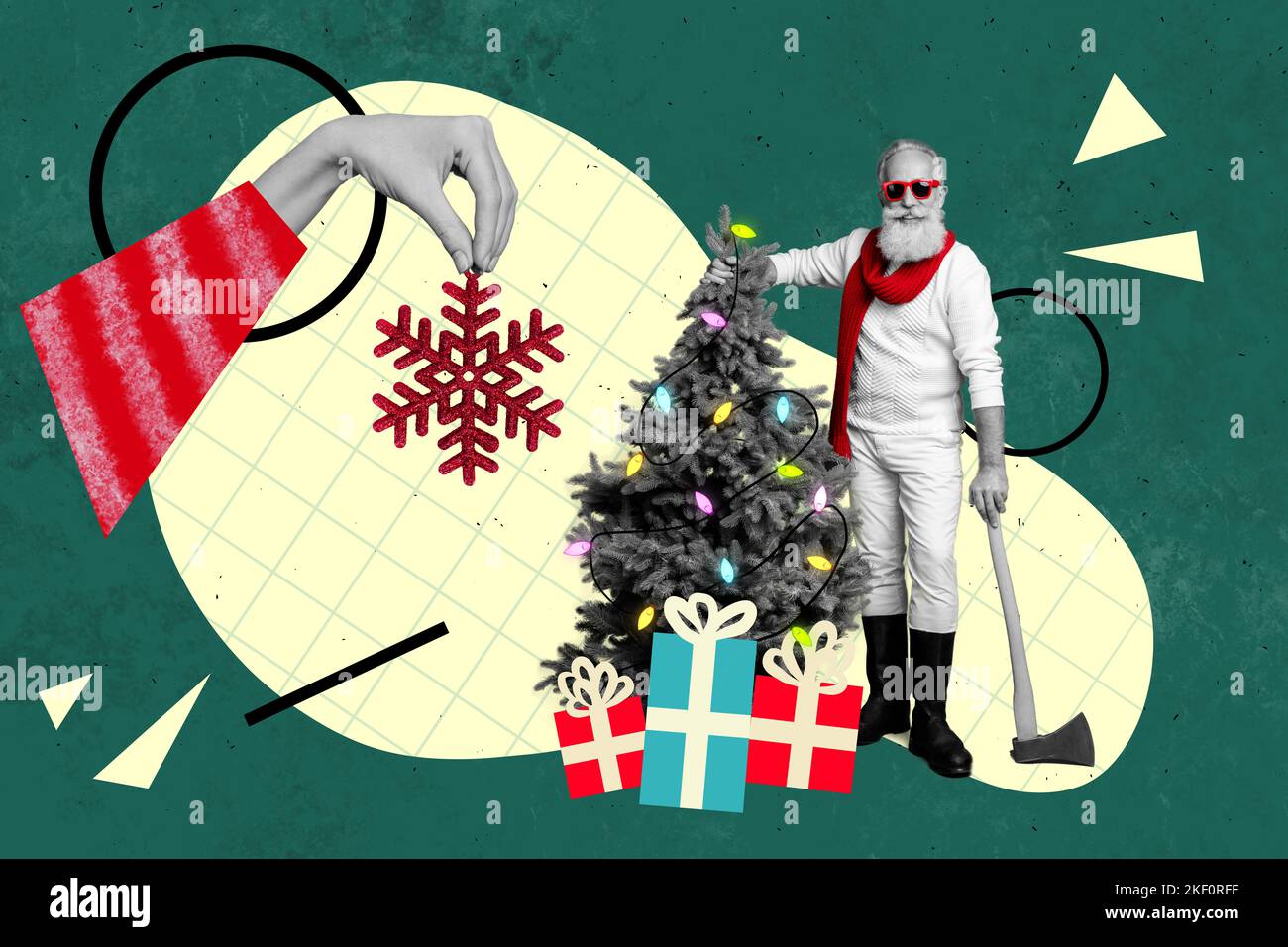 Creative collage of bog arm black white gamma hold snowflake tree toy ...