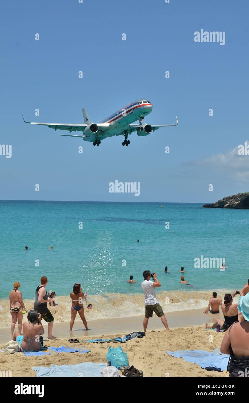 Airplane landing Big Maho Beach saint Martin Caribic Dutch antilles ...
