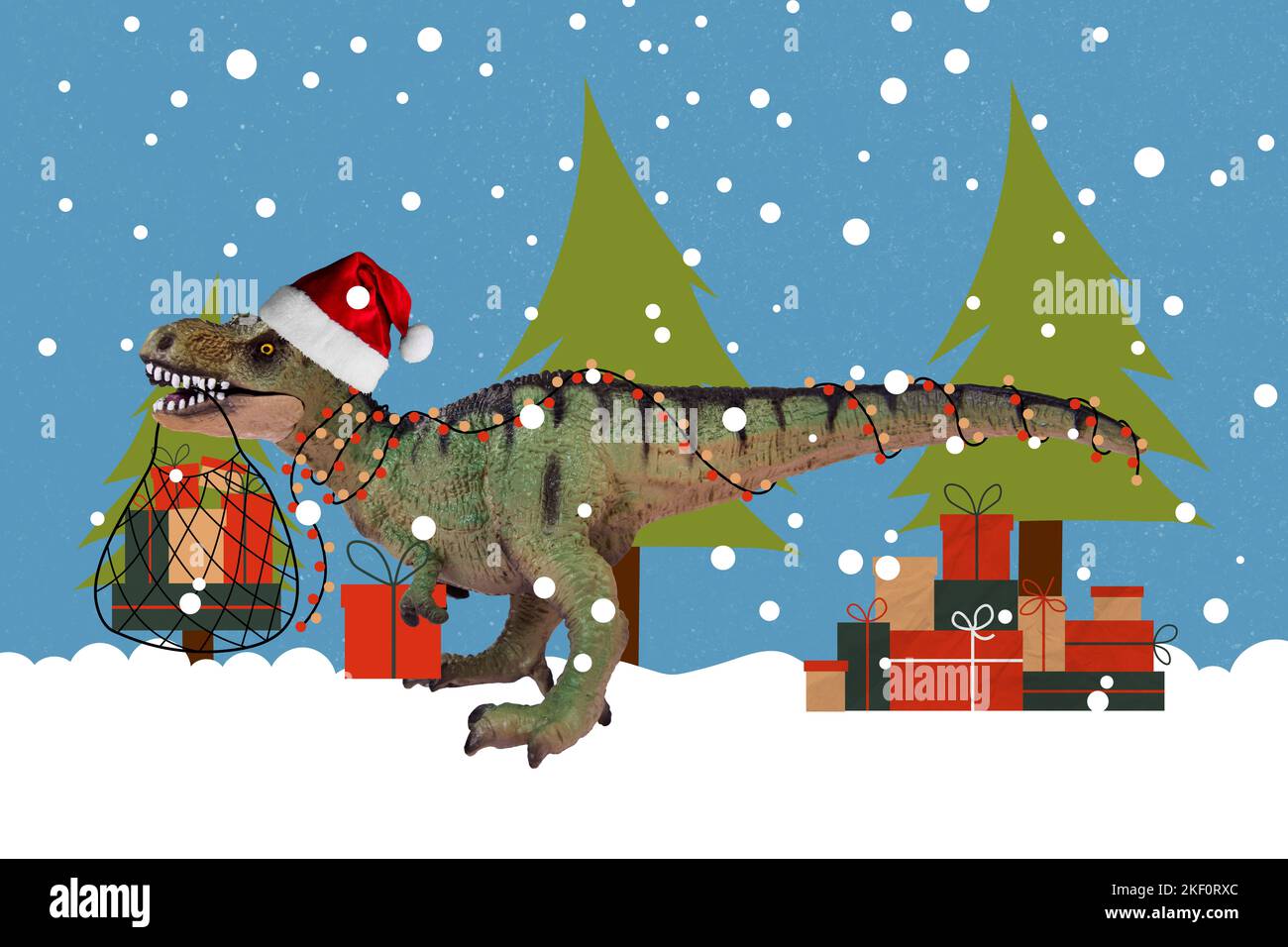 Collage artwork graphics picture of ancient dinosaur delivering xmas ...