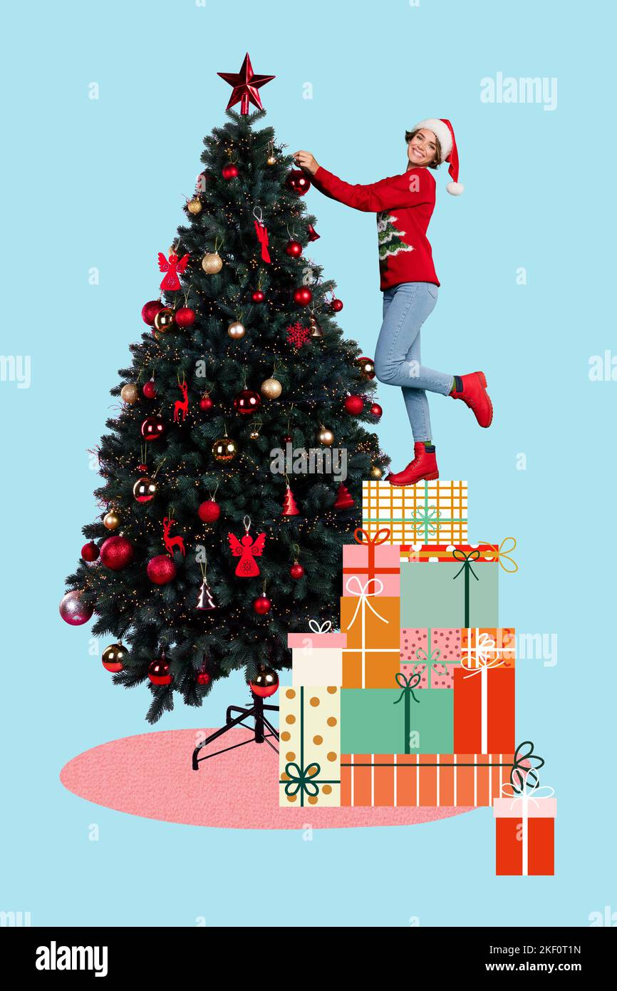 Creative retro 3d magazine image of smiling funky lady standing gifts pile stack decorating xmas ...