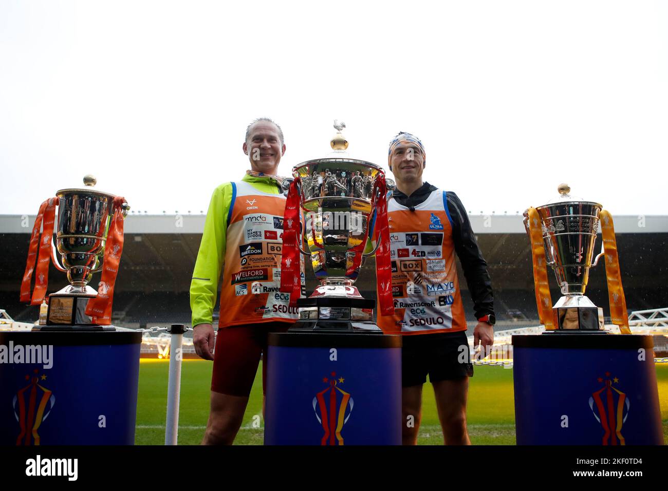 Kevin Sinfield (right) and Rugby League CEO John Dutton (left) pose ...