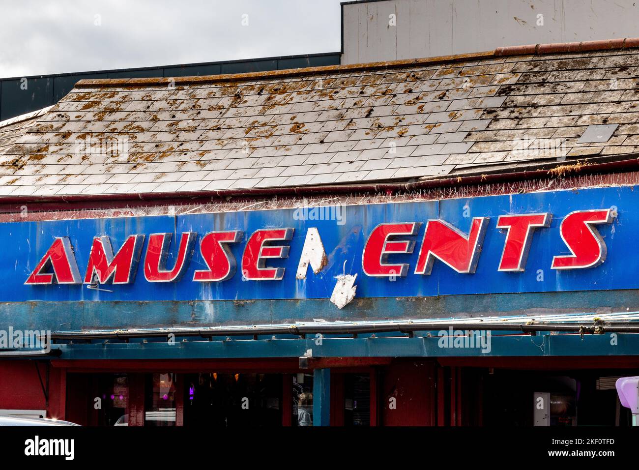 The broken sign of a rundown amusement arcade in Newquay, Cornwall, UK ...