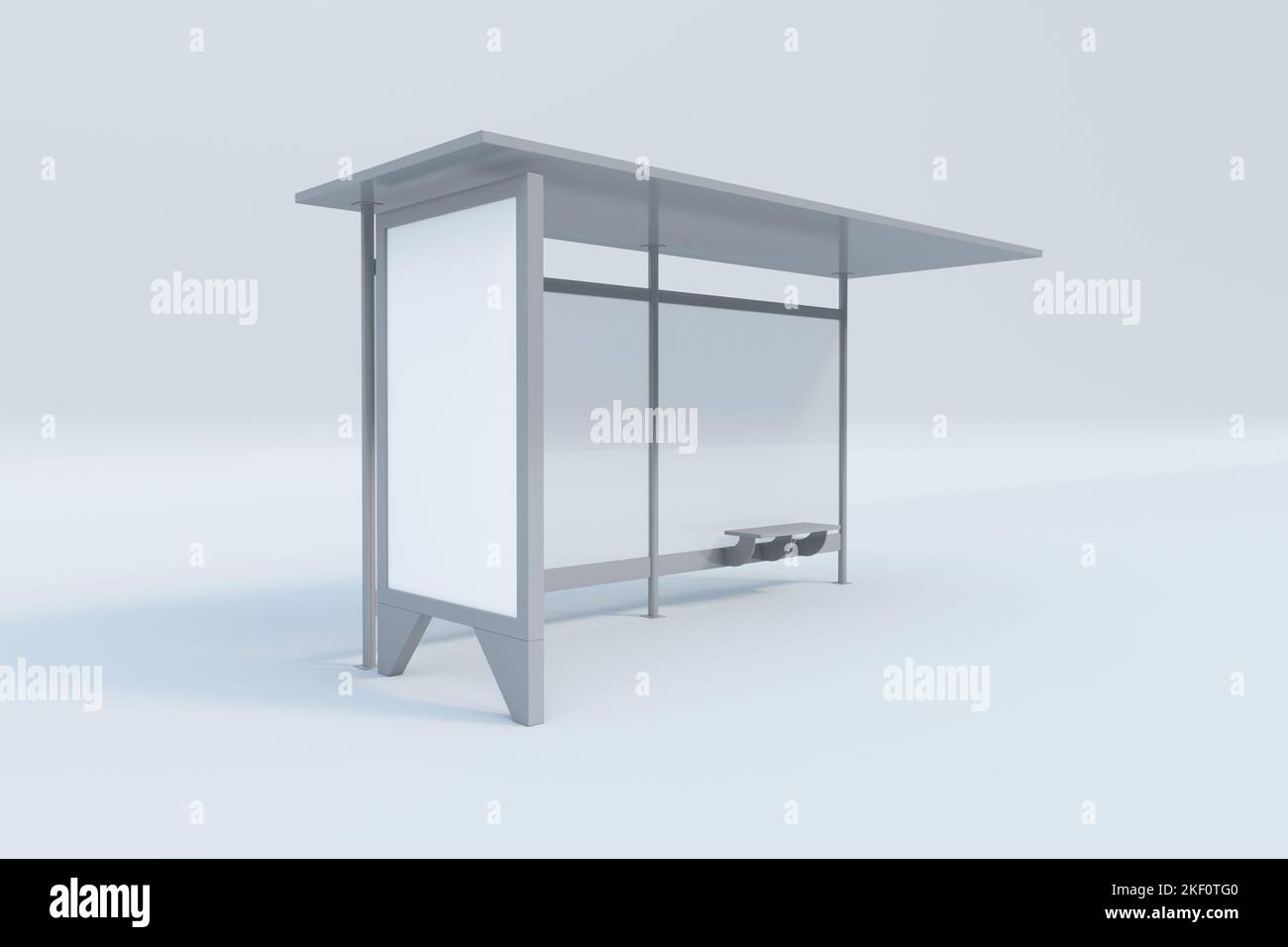 A 3D rendering of an empty bus station with a blank signboard space ...