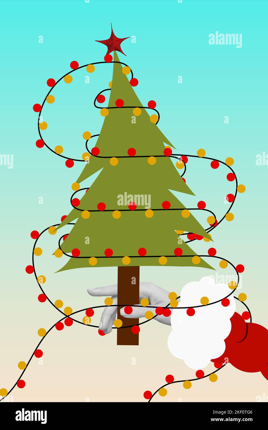 Collage artwork graphics picture of arms rising holding xmas pine ...