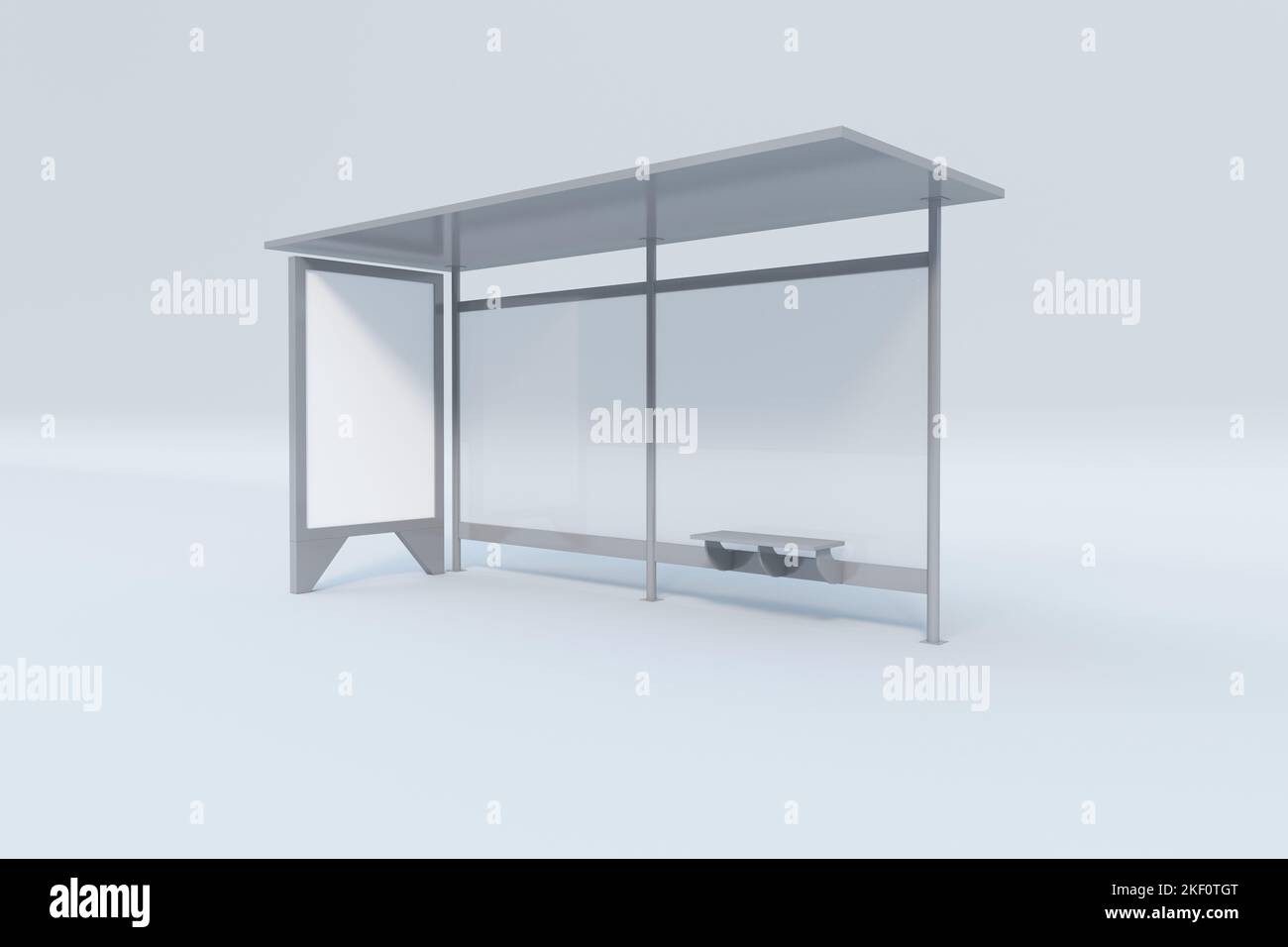 A 3D rendering of an empty bus station with a blank signboard space ...