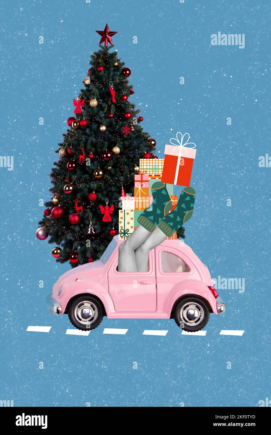 Photo artwork minimal picture of vehicle delivering x-mas gifts lady ...