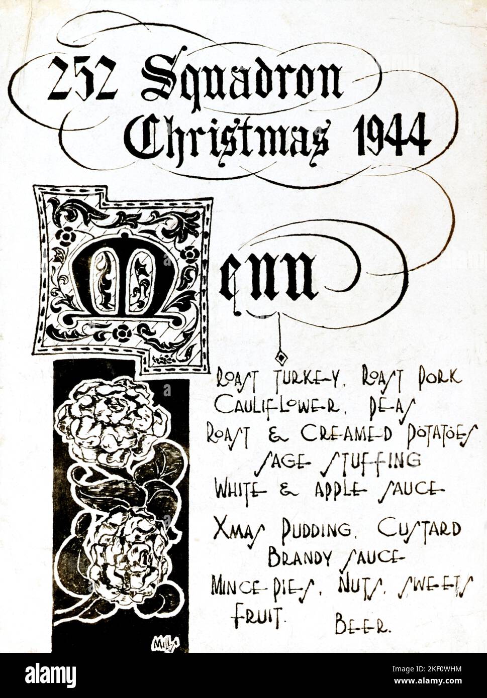 Christmas 1944 menu card for RAF 252 Squadron that was based in Egypt ...