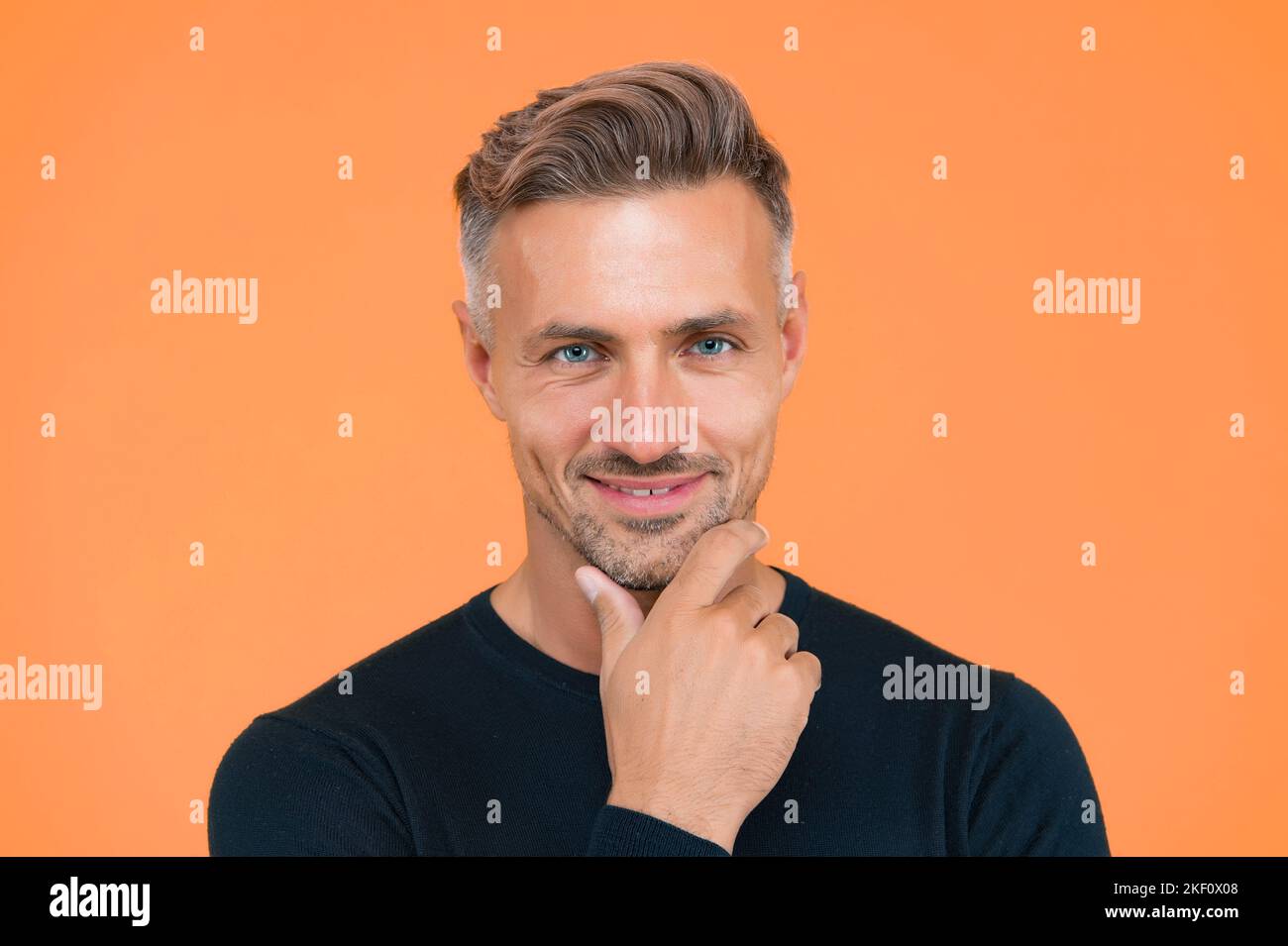 His beard is unshaven. Unshaven man yellow background. Unshaven look of ...