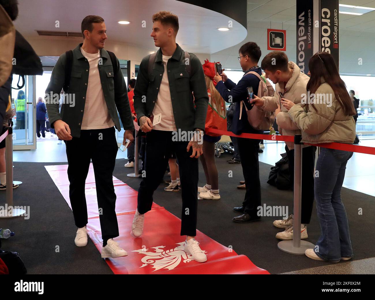 Wales' Danny Ward and Joe Rodon (right) departing for Qatar from ...