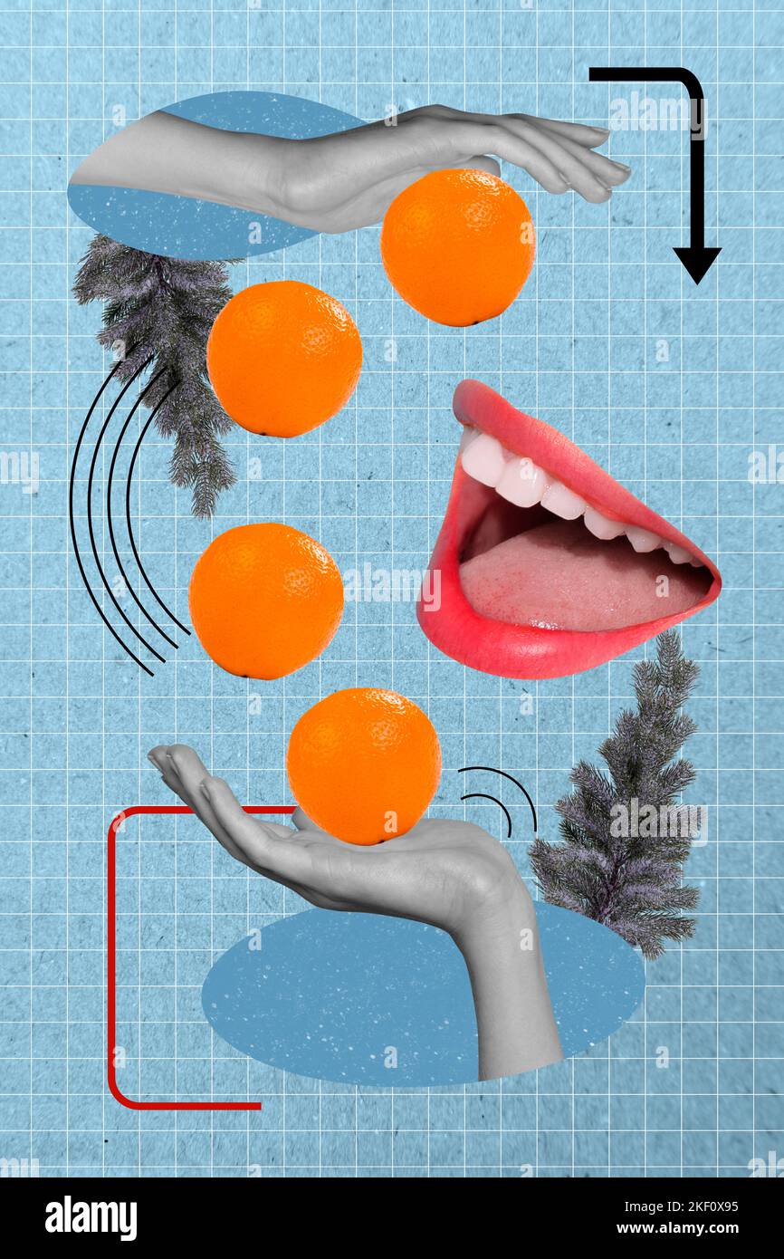 Photo artwork minimal picture of arms mouth enjoying fresh x-mas citrus ...
