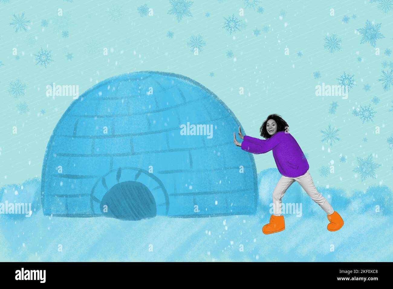 Creative collage image of excited girl black white gamma hands push ice ...