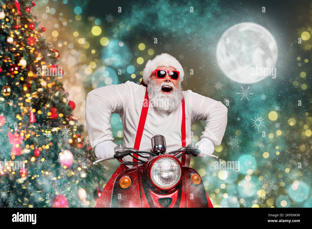 Collage creative picture of excited overjoyed funky grandfather santa ...