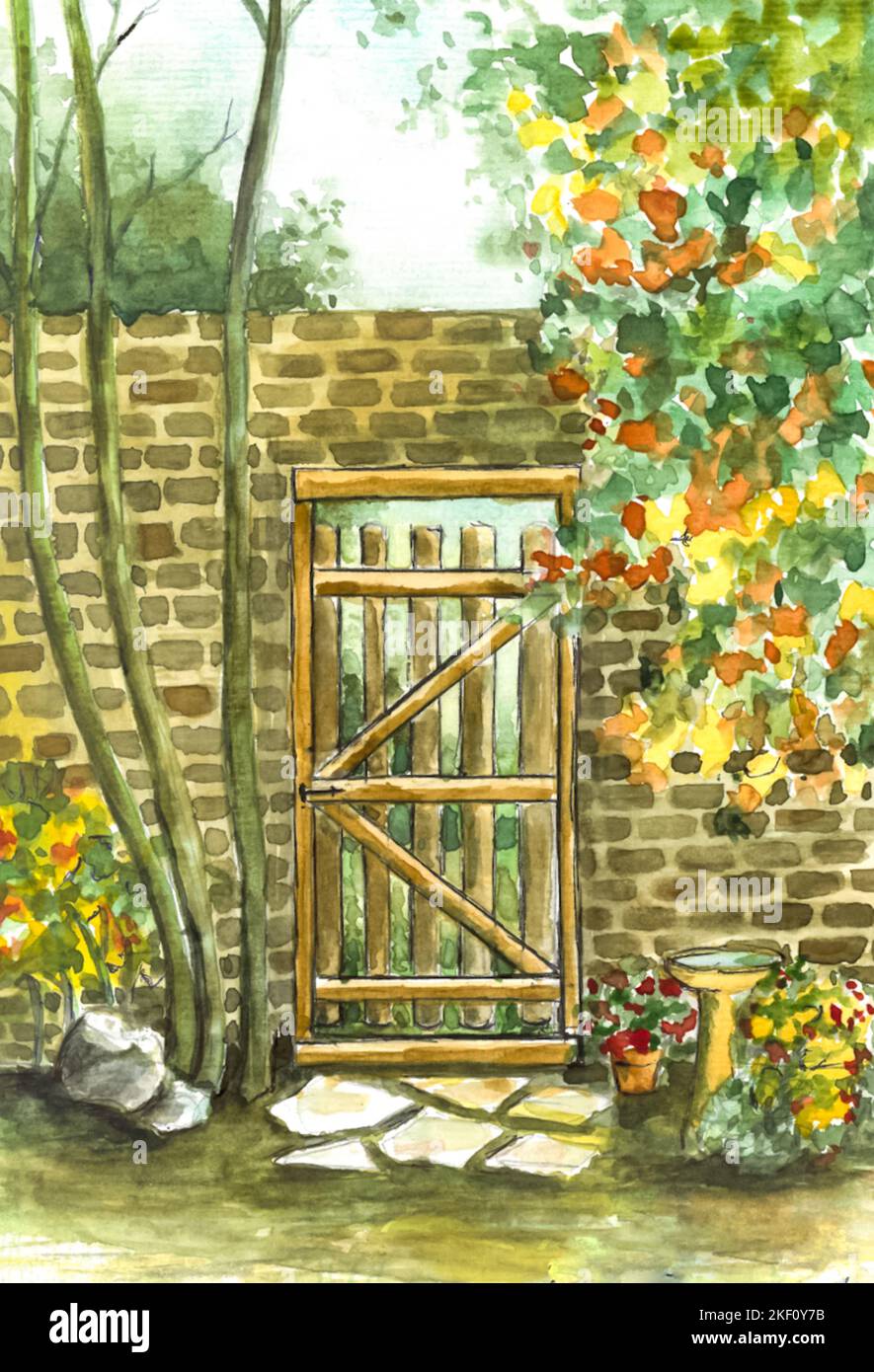 Wooden garden gate. Watercolour painting of garden gate and brick wall ...