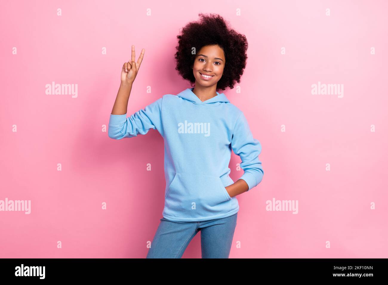 Photo of positive cheerful friendly girl wear stylish clothes arm hand ...