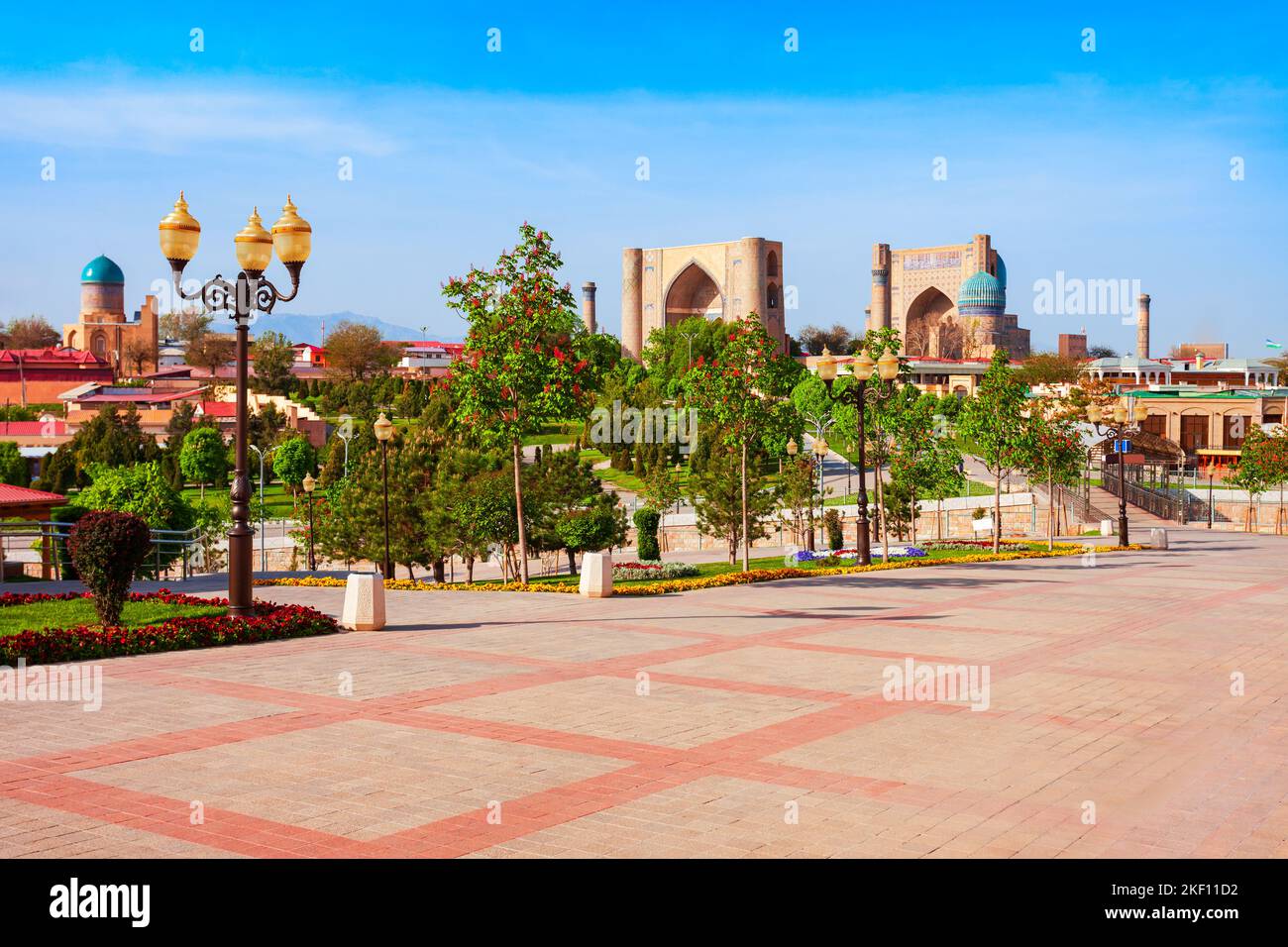 Bibi Khanym or Bibi-Khanym Mosque and other landmarks aerial panoramic ...