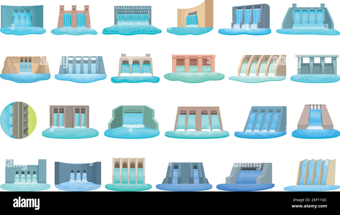 Hydro power station dam icons set cartoon vector. Water plant. Electric ...