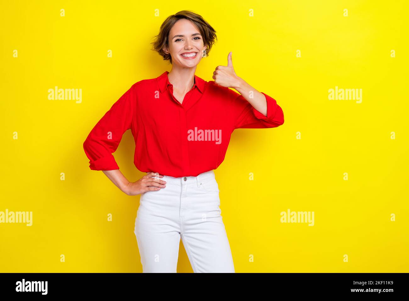 Photo of cheerful girlish woman with bob hairstyle wear red shirt ...