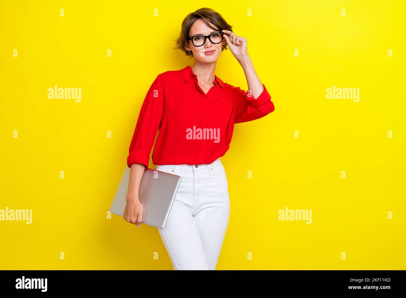 Photo of nice cute smart adorable girl with bob hairdo dressed red ...